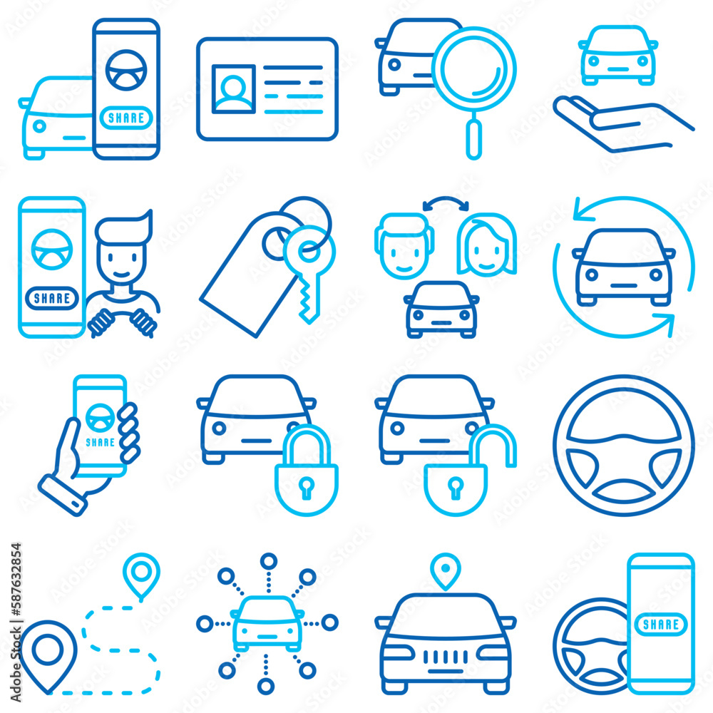 Car sharing thin line icons set of driver's license, key, blocked car ...