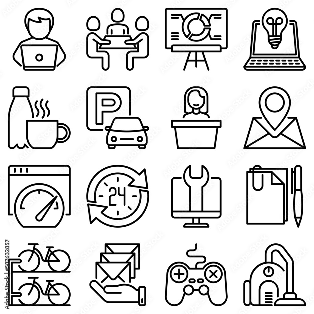 Coworking office thin line icons set: workplace, meeting room ...