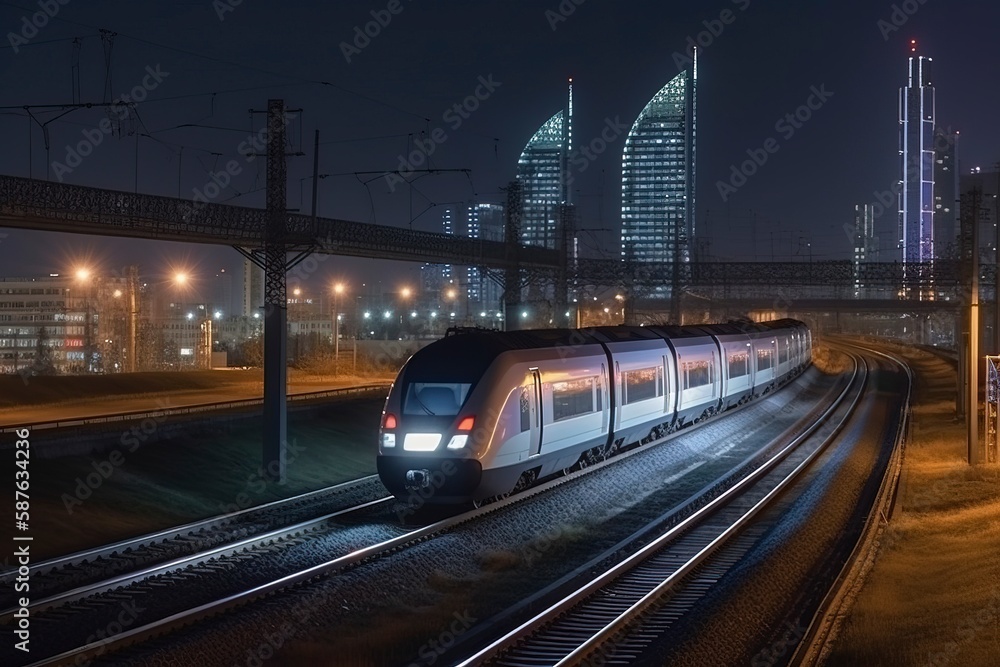 High speed rail shuttles on urban railways at night.AI technology ...
