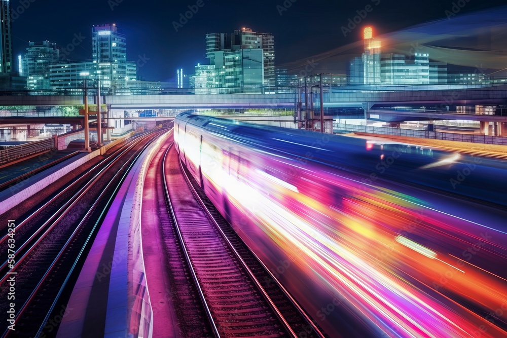 High speed rail shuttles on urban railways at night.AI technology ...