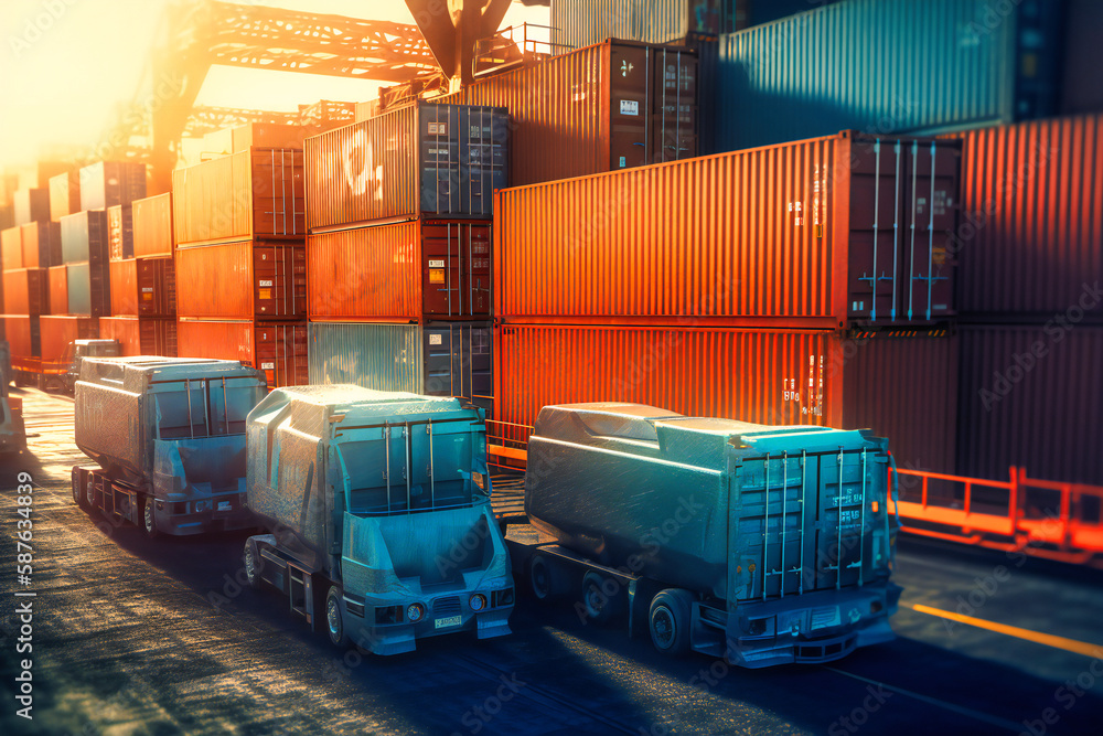 Container cargo ships and trucks used for shipping and import/export of ...
