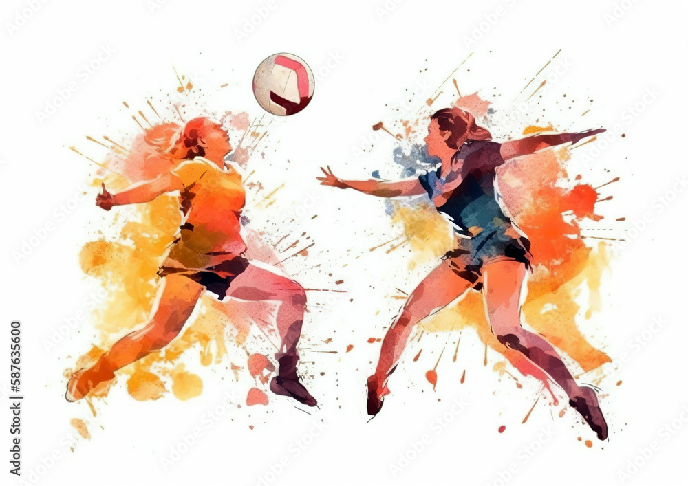 Watercolor abstract illustration of volleyball. Volleyball in action ...