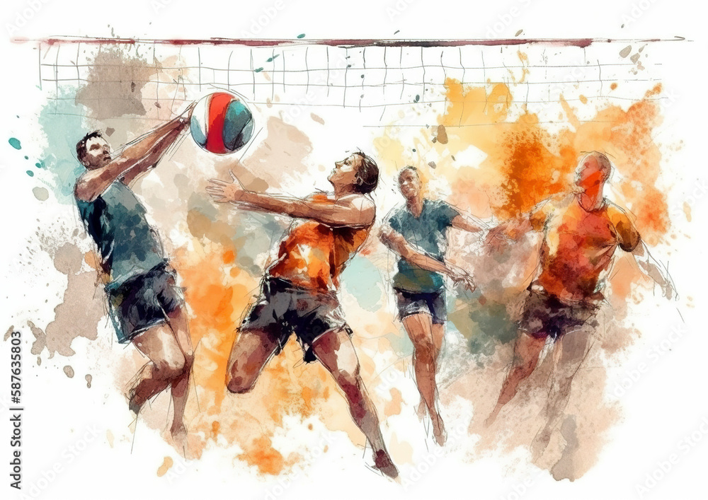 Watercolor abstract illustration of volleyball. Volleyball in action ...