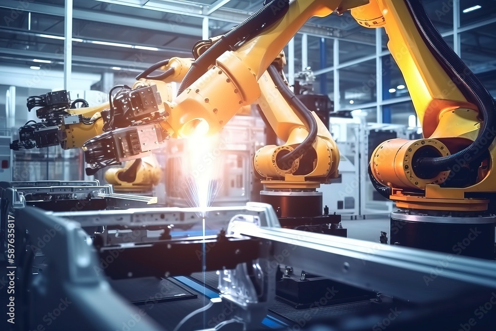 The robot arm of the car manufacturing line is welding the car.AI ...