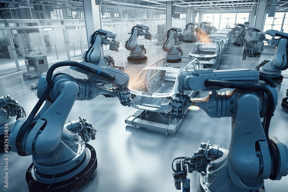 The robot arm of the car manufacturing line is welding the car.AI ...