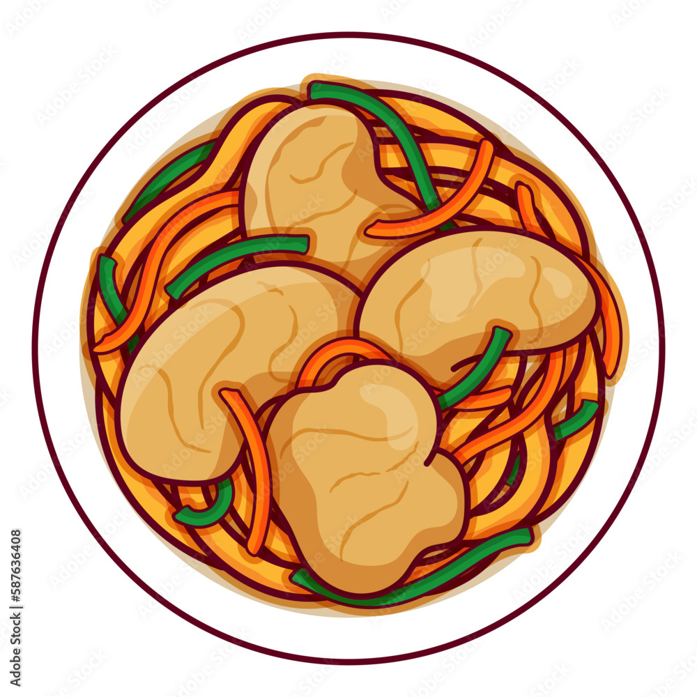 Chinese chow mein noodles recipe illustration vector. Taiwanese fried ...
