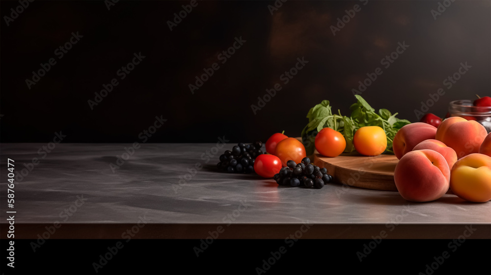 Kitchen background with fruits for product presentation and advertising ...