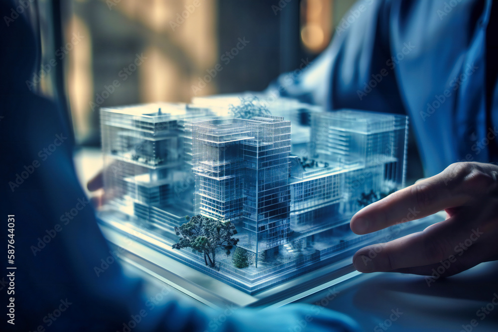A businessman holds a 3D building model, analyzing its architectural ...
