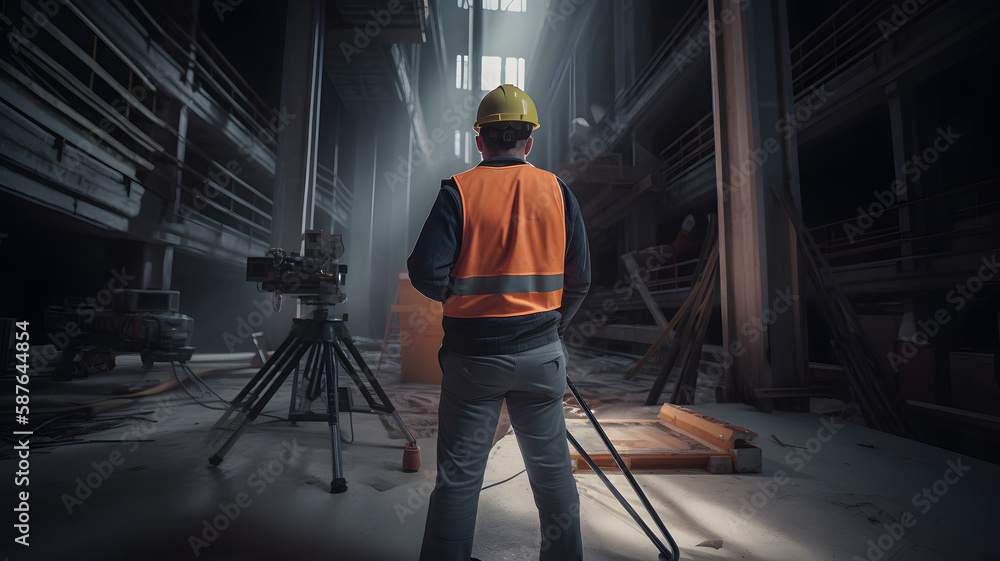 Industrial worker in hi-vis clothing inspects inventory on construction ...