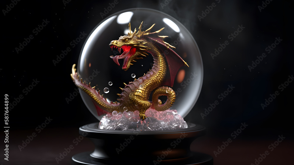 A hyper-realistic crystal dragon in a snow globe, depicted in 8k Octane ...