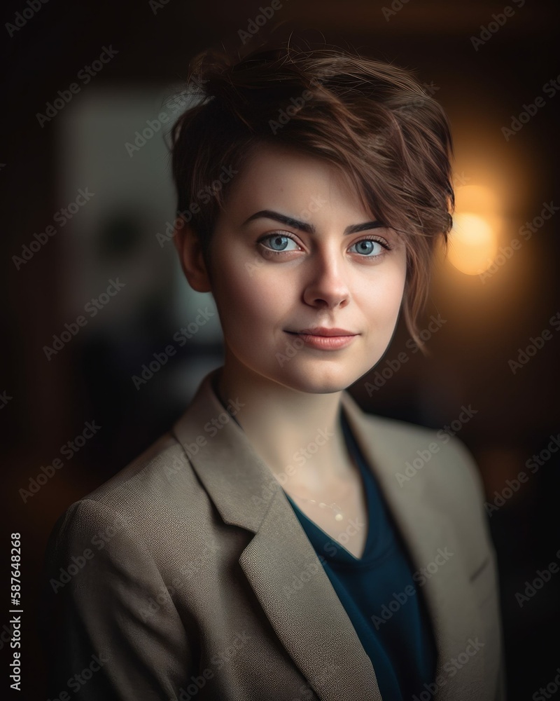 Femme Office Worker With Short Hair Wearing Blazer Photorealistic Portrait Illustration