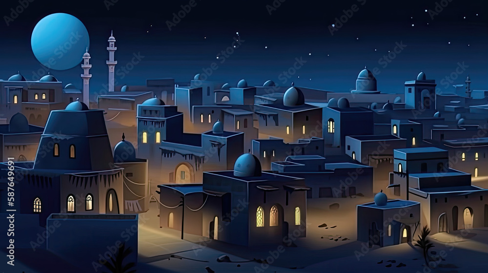 Ancient arab city with market and palace in desert at eid al adha night ...