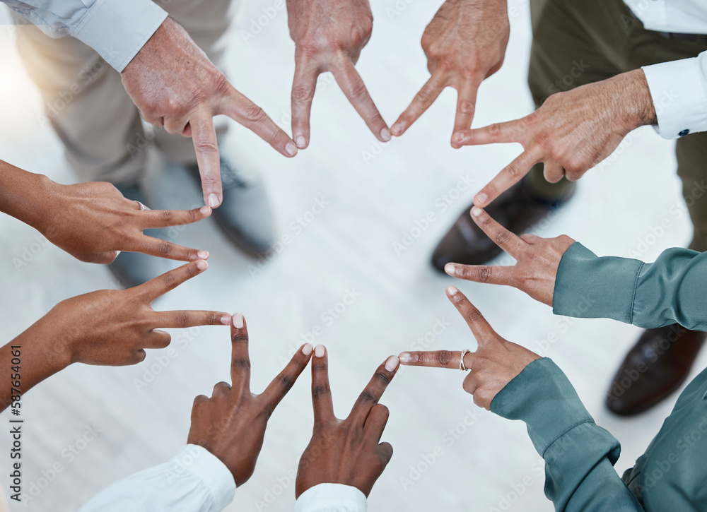 Teamwork, support and hands of business people in peace sign for ...