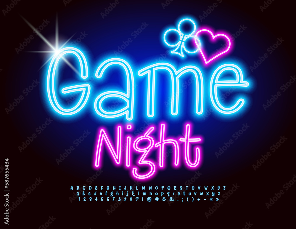 Vector digital invitation Game Night with glowing Blue Font. Neon set ...