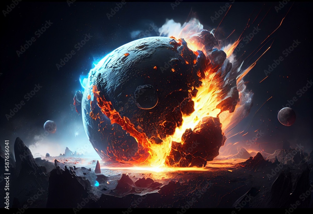 Asteroid impact, end of world, judgment day. Group of burning exploding ...