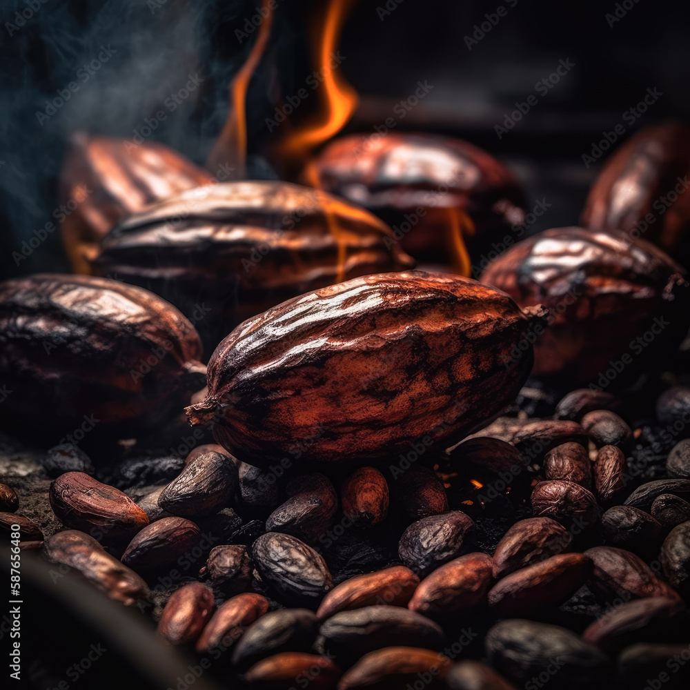 A mesmerizing photo of cocoa beans slowly roasting to perfection, with ...