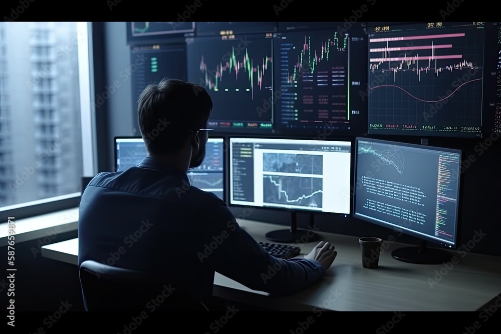 Crypto trader investor analyst broker using pc computer analyzing online cryptocurrency exchange ...