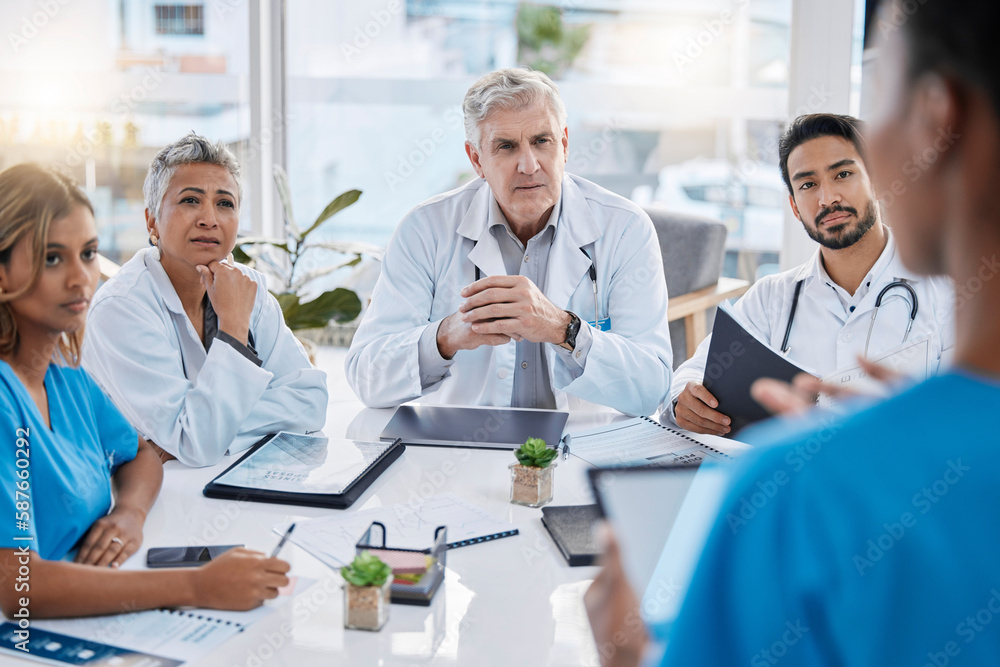 Presentation, teamwork and doctors in meeting with documents for ...