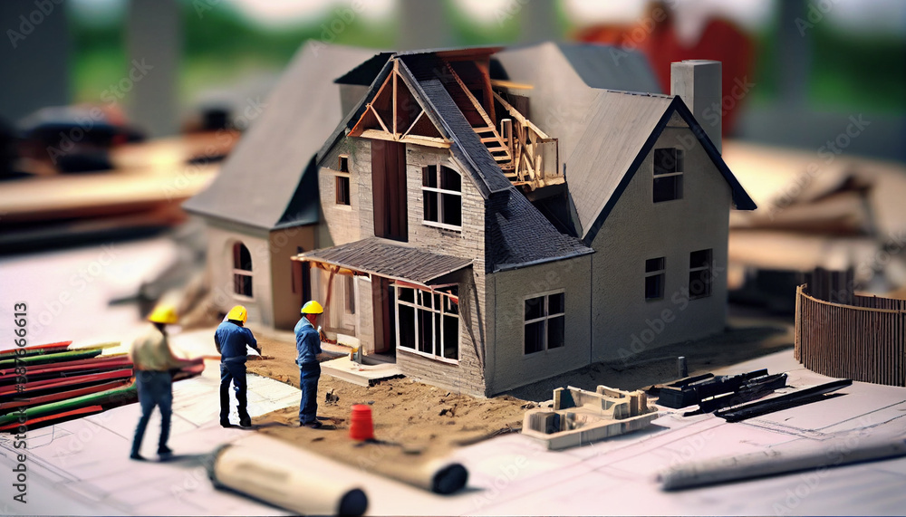 Blueprint designs and a home model for a construction project ...