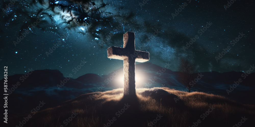 Illuminated Christian cross and starry night. Generative AI Stock ...
