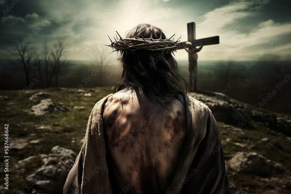 Jesus Christ with crown of thorns, from behind in front of a cross ...