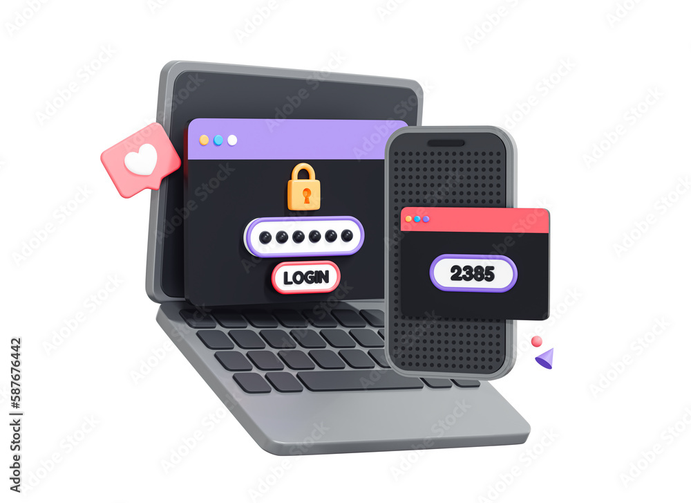 3d Two Steps Authentication Computer Laptop With Mobile Phone And