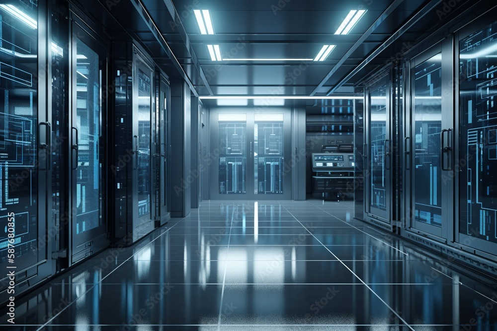 A modern and secure server room, featuring rows of neatly organized ...
