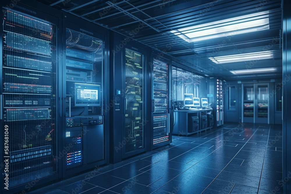 A modern and secure server room, featuring rows of neatly organized ...