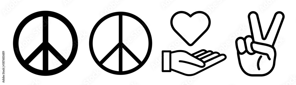 Icon sheet of the peace sign. Rounded peace symbol, hand holding a ...