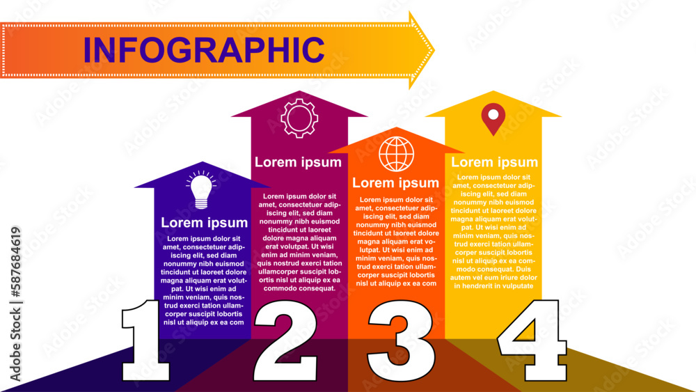 Vector infographic flat template. Arrow with icon for four diagrams ...