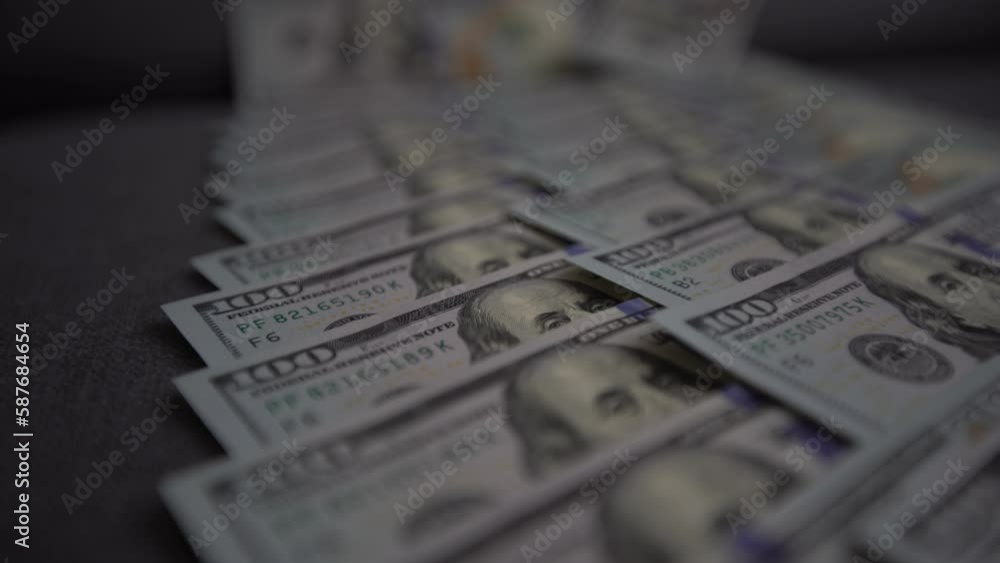US American Dollar Bills Money - Camera flying Close up over stacked ...