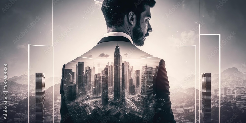 Double exposure image of business man standing back view with cityscape ...