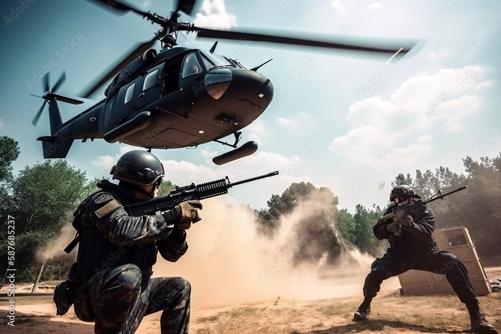 Special forces Anti-terrorist in action with helicopter in background ...