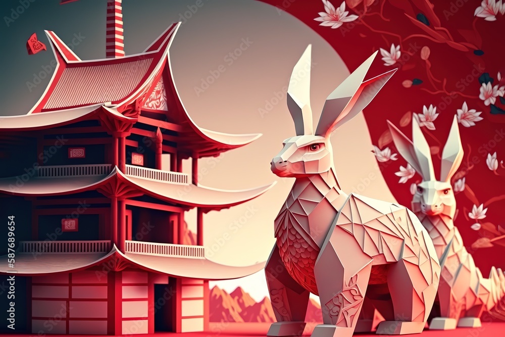 Illustrated origami rabbits sided by paper cup dragon on a festive ...