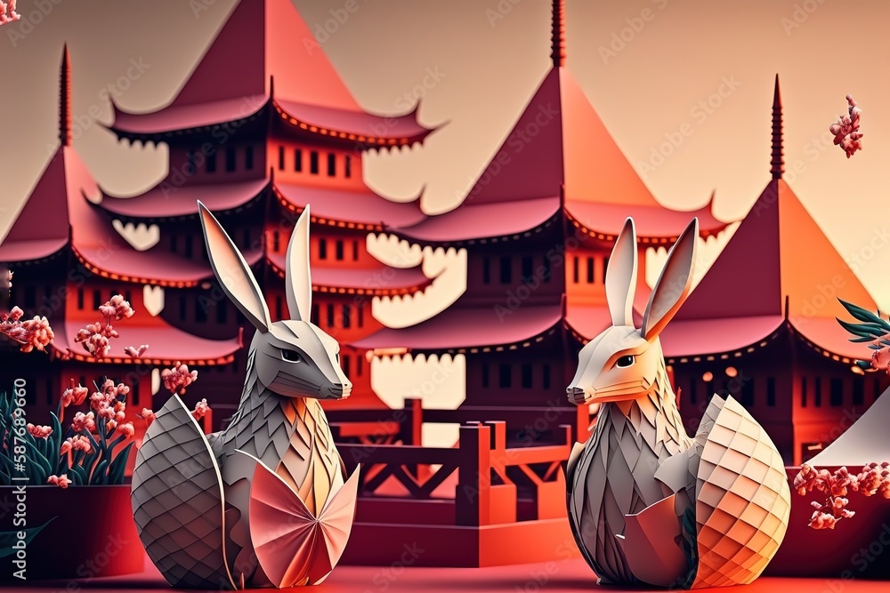 Illustrated origami rabbits sided by paper cup dragon on a festive ...