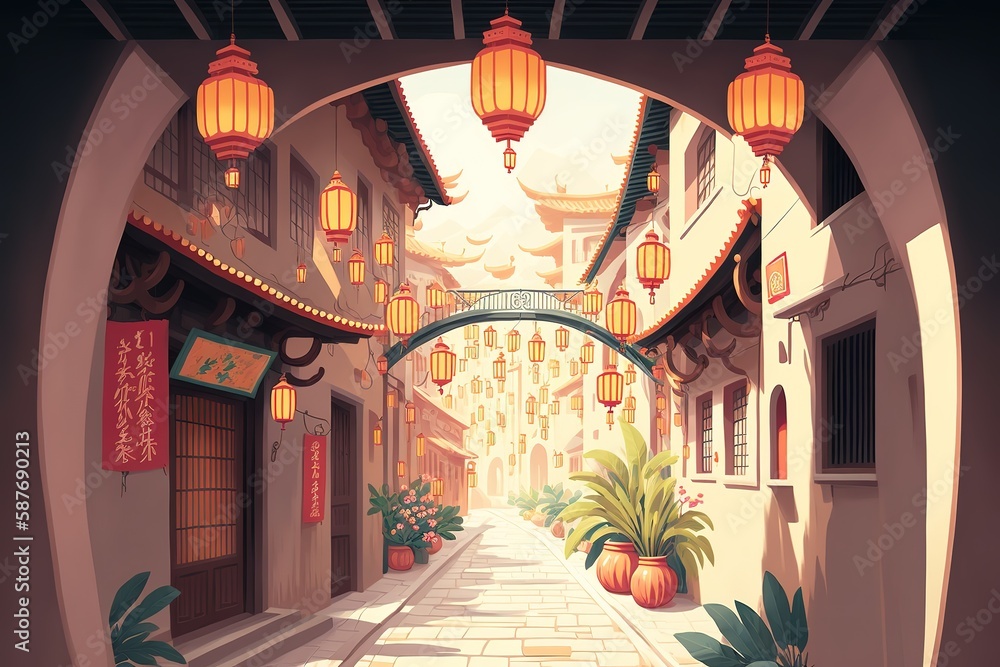 chinese street with old houses, chinese arch, lanterns and a garland ...