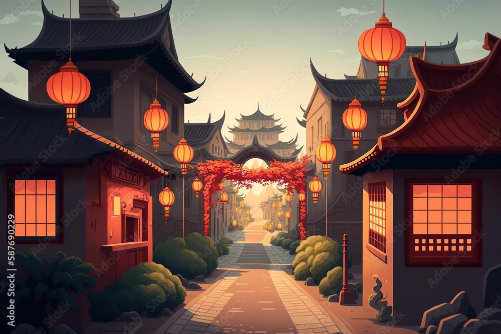 chinese street with old houses, chinese arch, lanterns and a garland ...