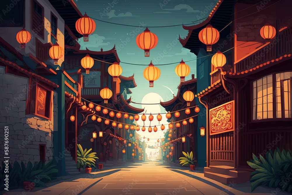 chinese street with old houses, chinese arch, lanterns and a garland ...