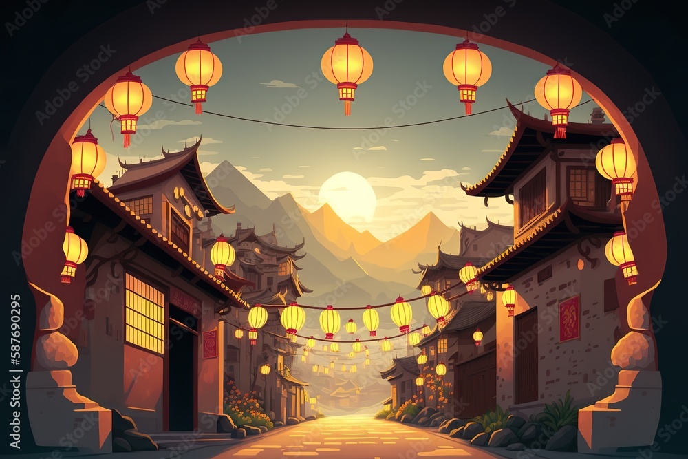 chinese street with old houses, chinese arch, lanterns and a garland ...
