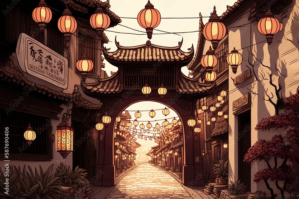 chinese street with old houses, chinese arch, lanterns and a garland ...
