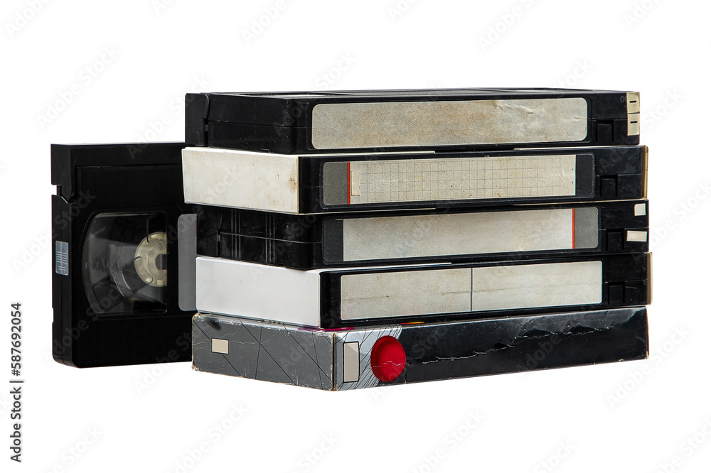 Pile of VHS video cassettes. Vintage media. Isolate on a white back ...