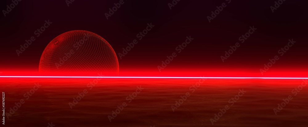 Dark sea with laser glowing sunset line background. Setting cyber sun ...