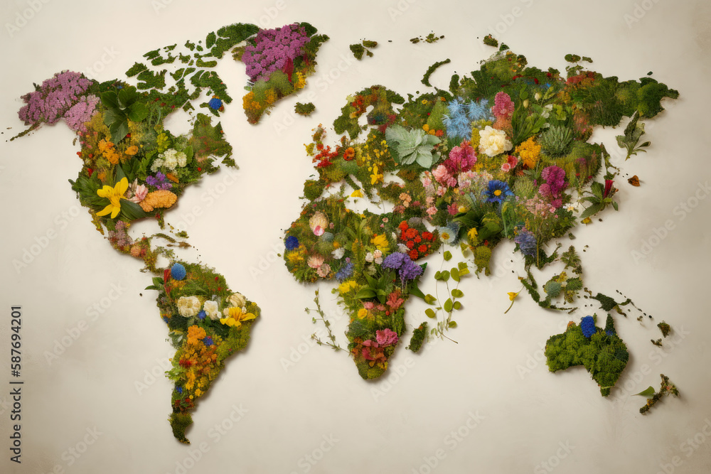 Beautiful world map composed of various flowers, plants, and greenery ...