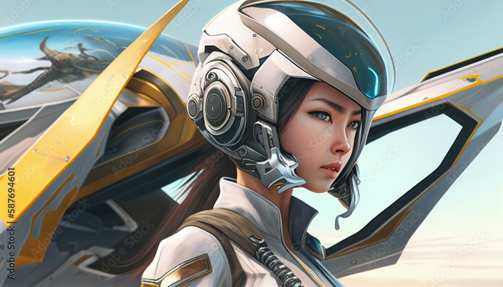Wearing a pilot's helmet, detailed eyes, a slim figure, smile,Warframe ...
