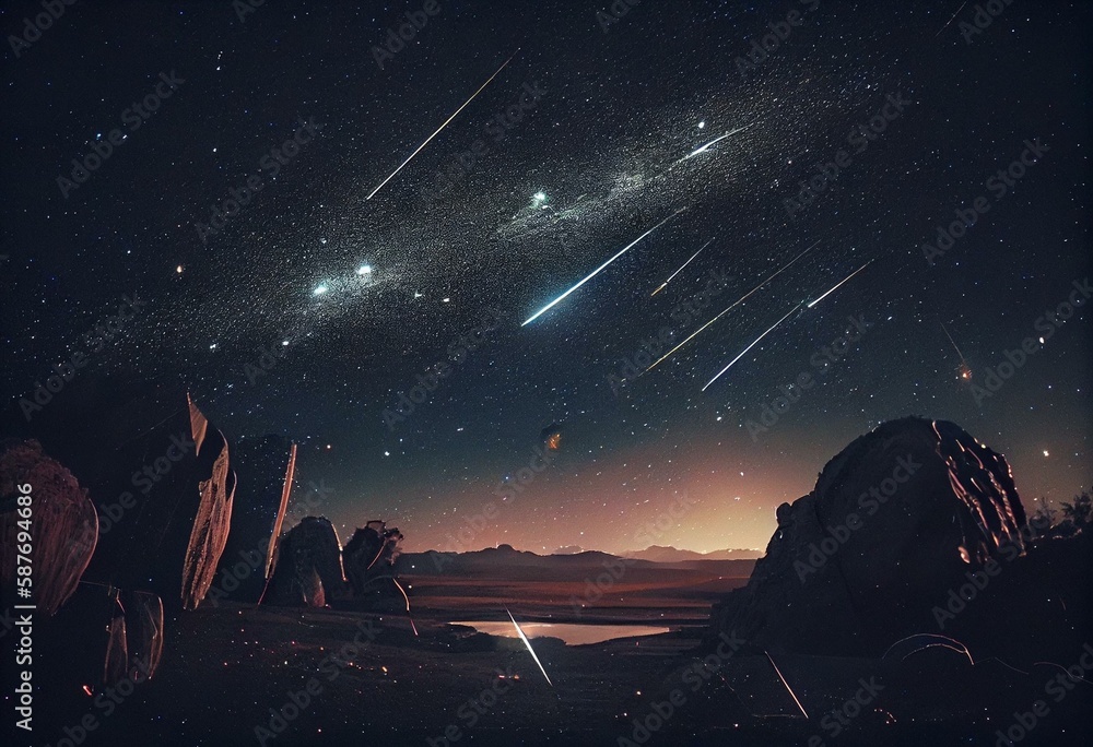 Meteor trails in the night sky, beautiful meteor shower. falling stars ...
