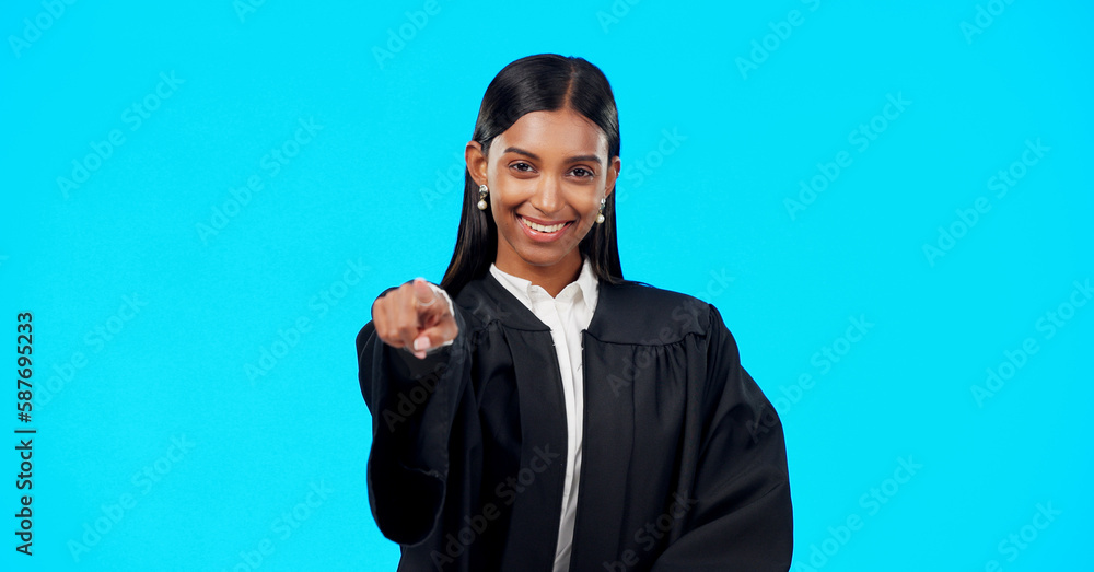 Face, Indian woman and lawyer pointing to you, judge and legal ...