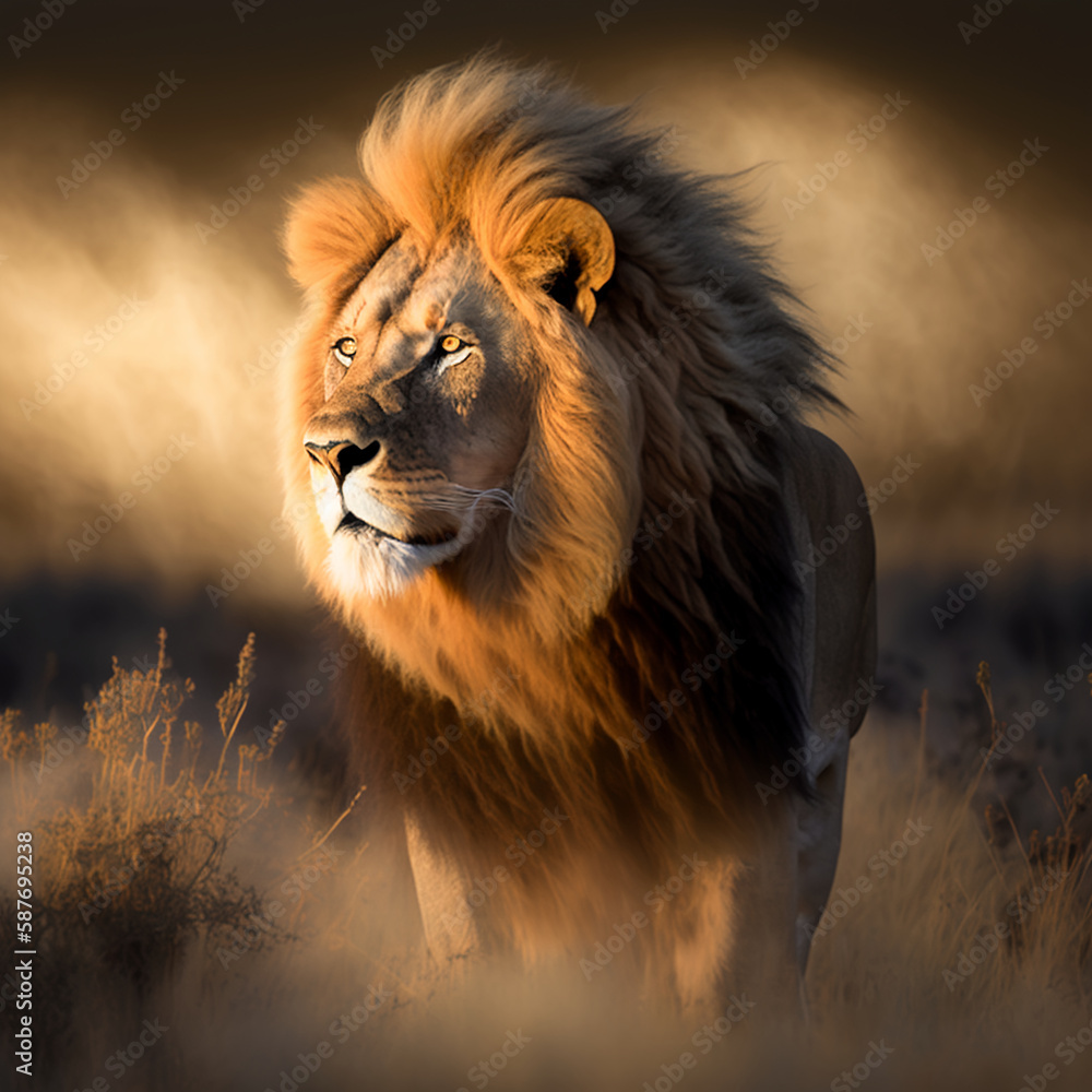 powerful image of a majestic lion, standing on a savannah hill, the ...