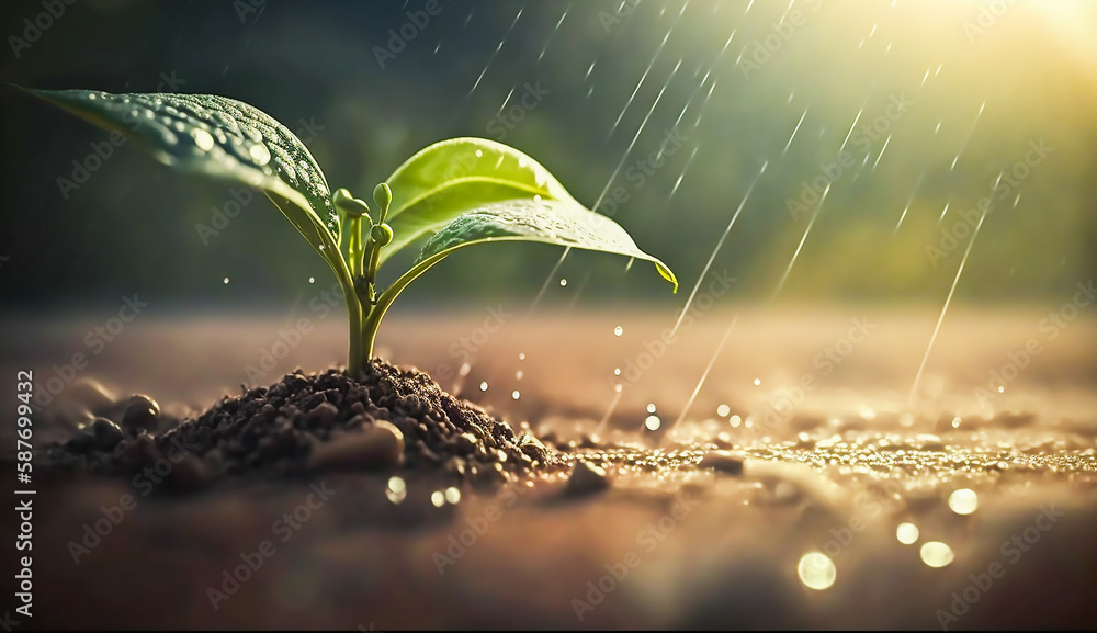young plant with drop of rain water in sunlight, Growing plant grow up ...