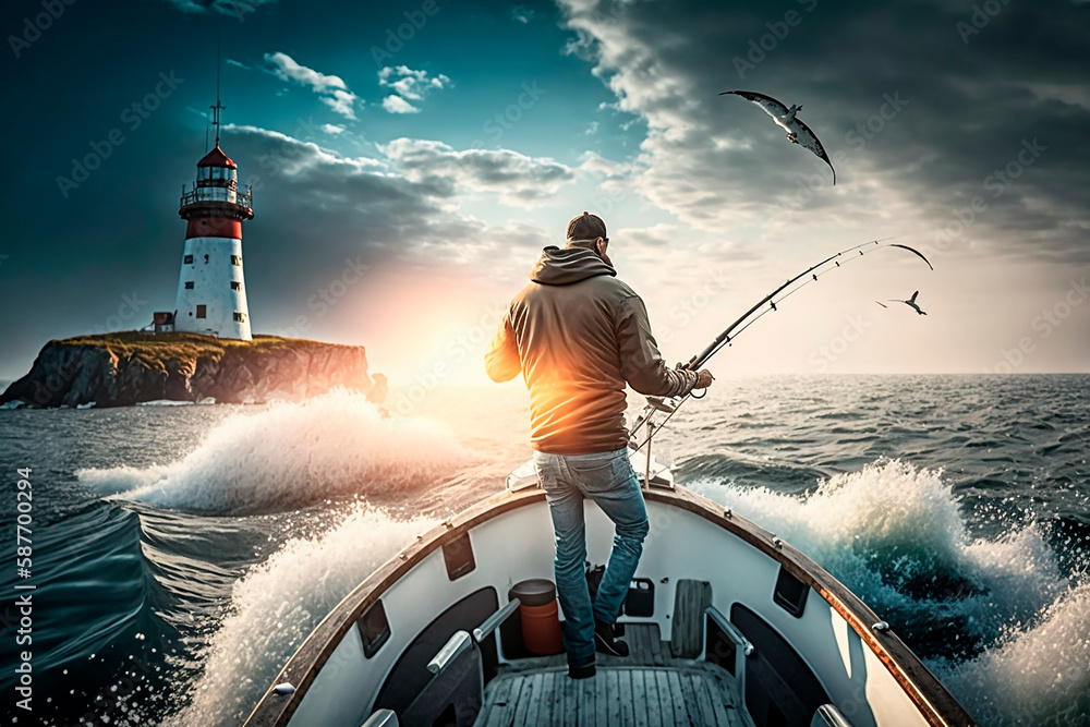 Man fish fishing in the ocean on a boat, lifestyle hobby fishing ...