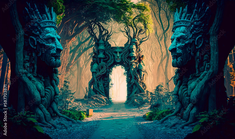 Abandoned path in forest with ancient statues background. Road with ...